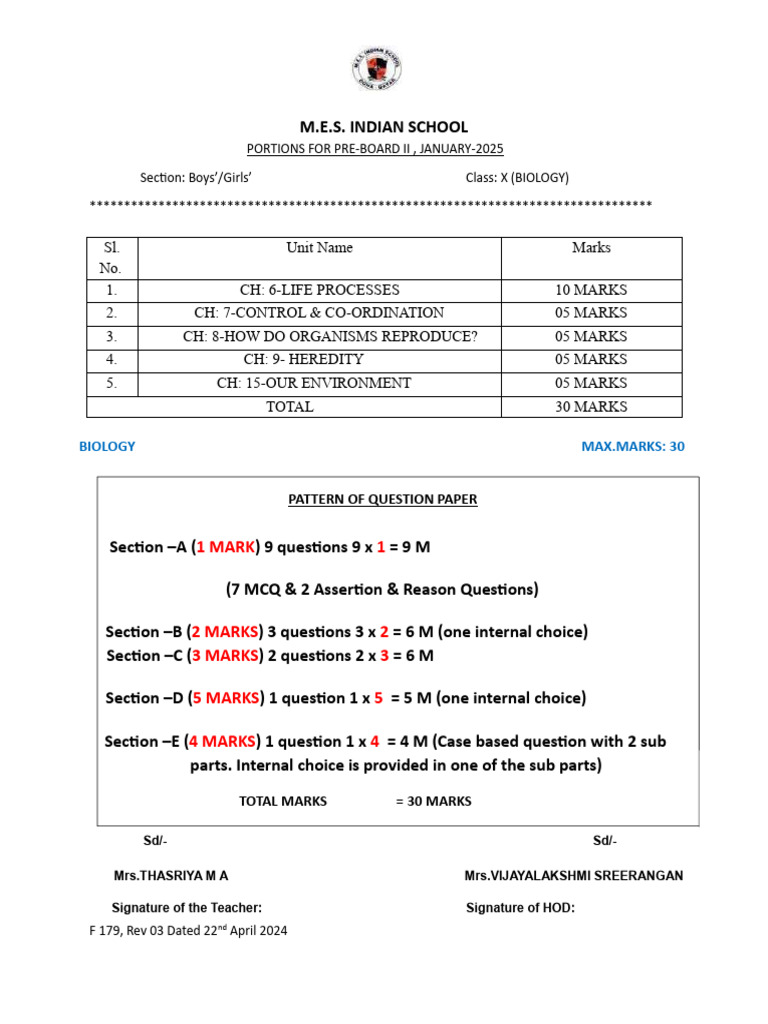 Class 10 Bio Preboard 2, January 2025 - Ch-Wise Weightage &pattern of ...