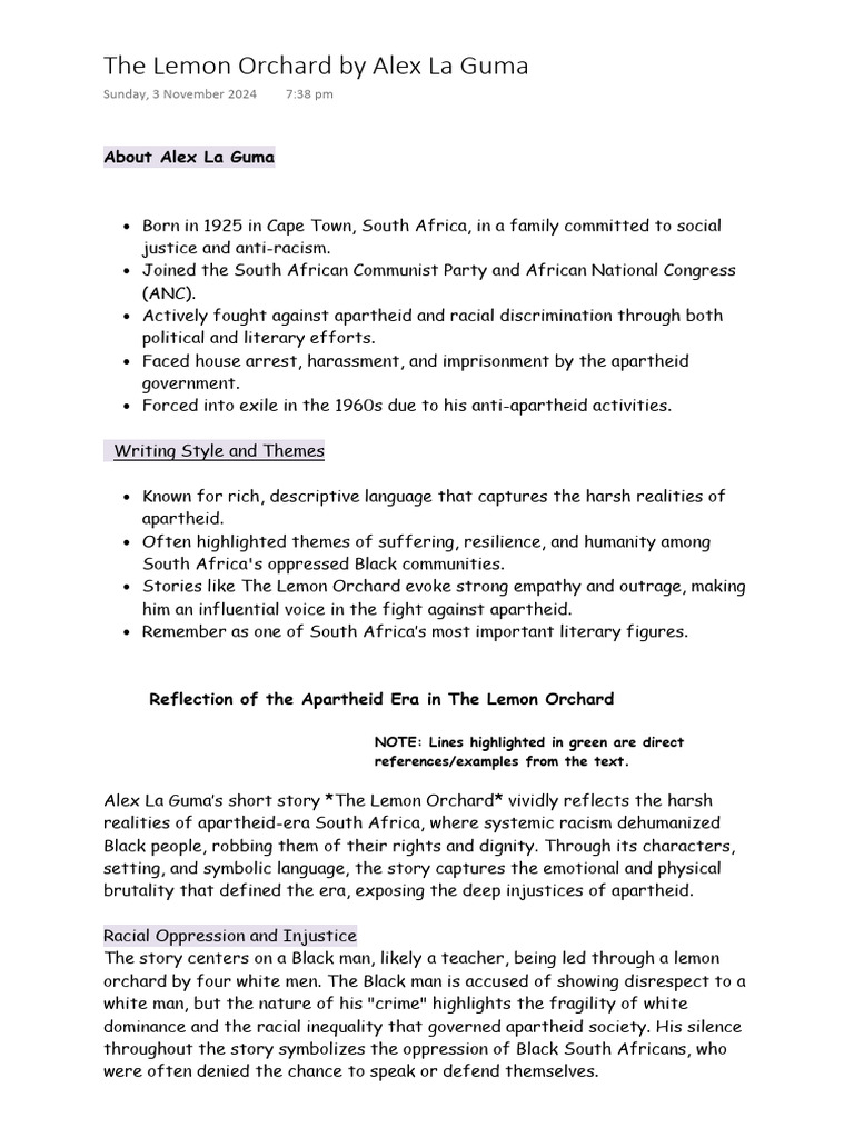 The Lemon Orchard by Alex La Guma | PDF | Apartheid | African National ...