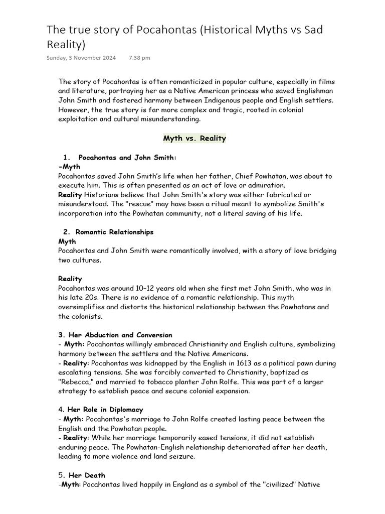 The True Story of Pocahontas (Historical Myths Vs Sad Reality) | PDF