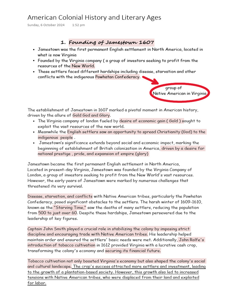 American Colonial History and Literary Ages | PDF | Jamestown, Virginia