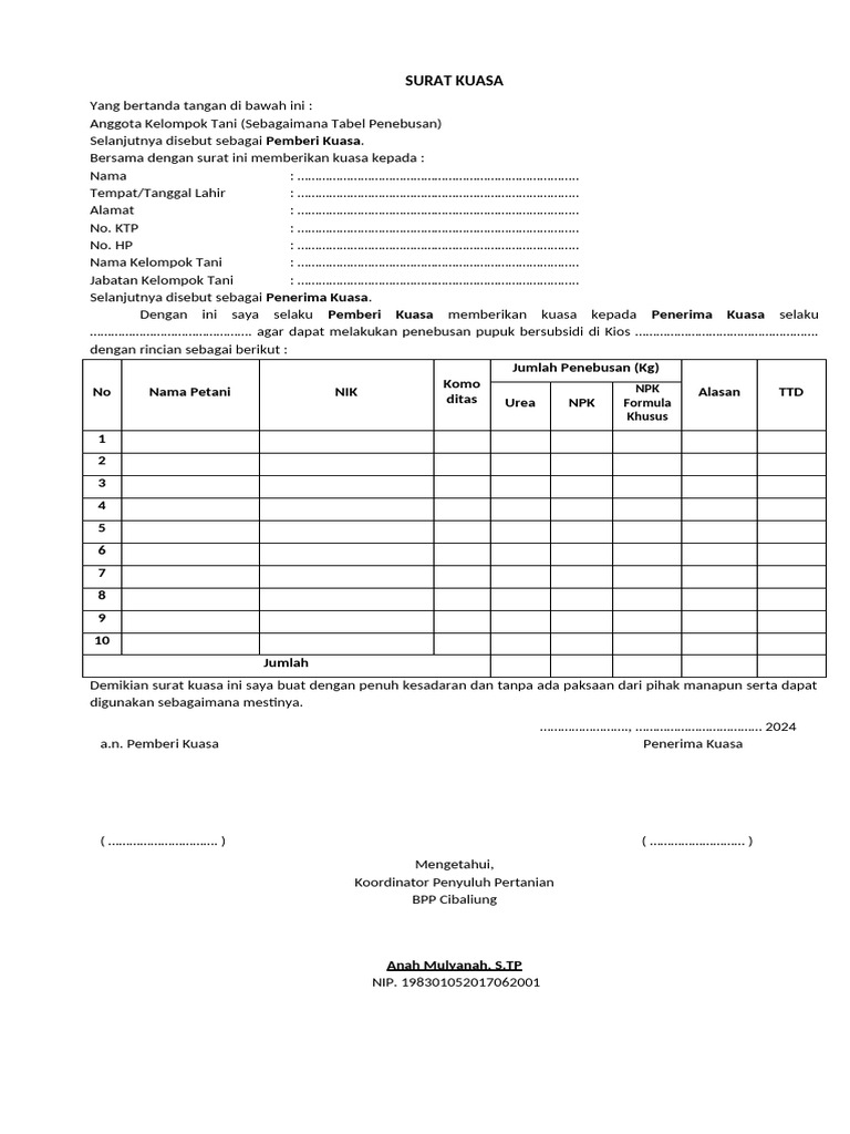 surat kuasa penebusan pupuk bersubsidi (1) | PDF