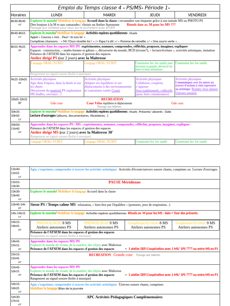 Emploi du Temps PS/MS Période 1 2025 | PDF