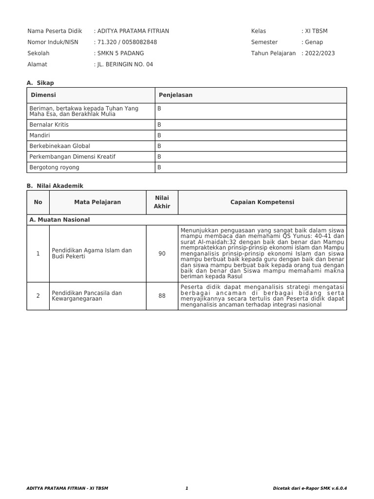 Rapor Aditya Pratama Fitrian - Xi TBSM | PDF