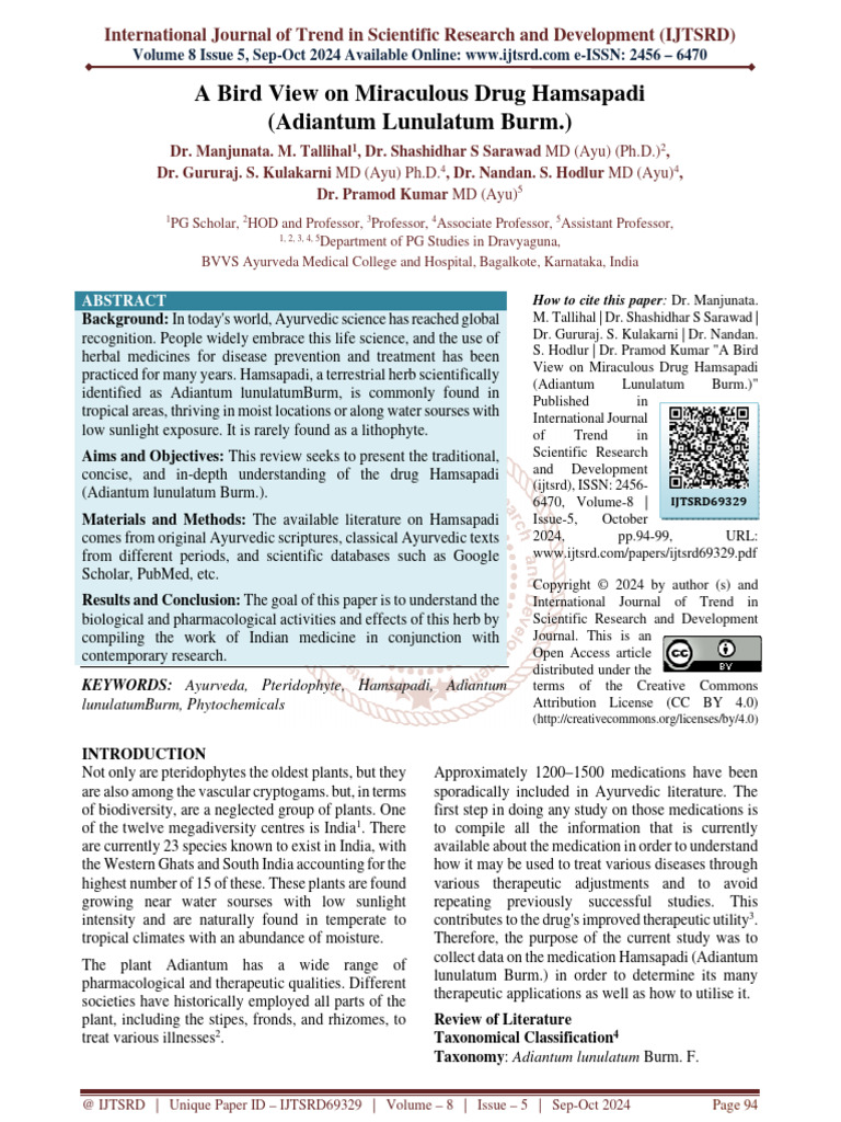A Bird View On Miraculous Drug Hamsapadi Adiantum Lunulatum Burm. | PDF ...