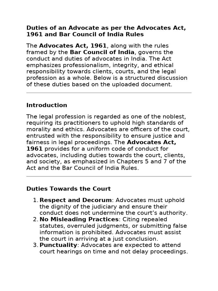 Duties Of An Advocate As Per The Advocates Act And Bench Bar Relation