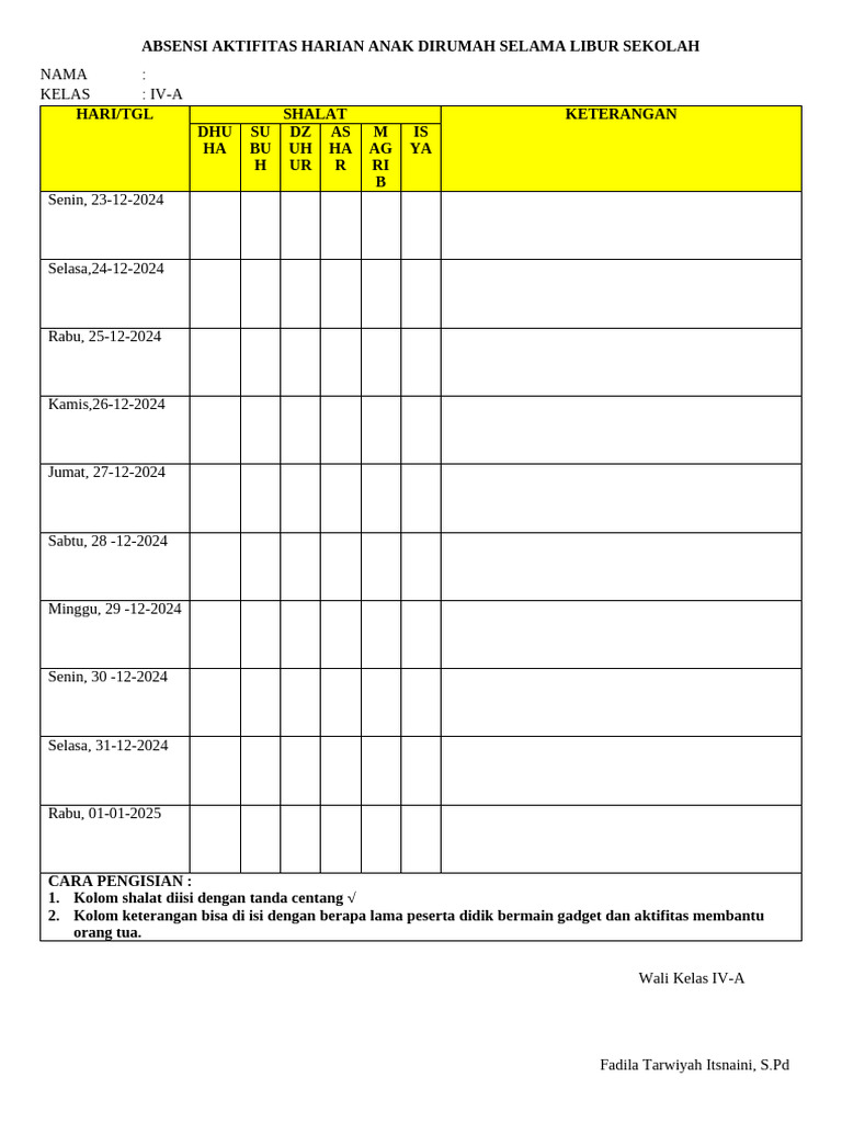 Absensi Aktifitas Harian Anak Dirumah Selama Libur Sekolah | PDF