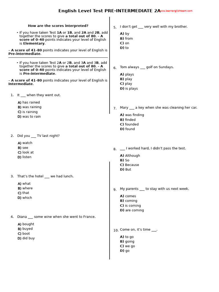 English-Test Beginners Level 2 | PDF