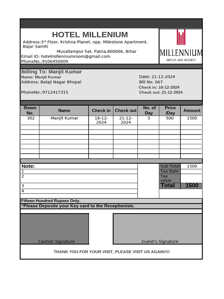 Hotel Millenium: Billing To: Manjit Kumar | PDF