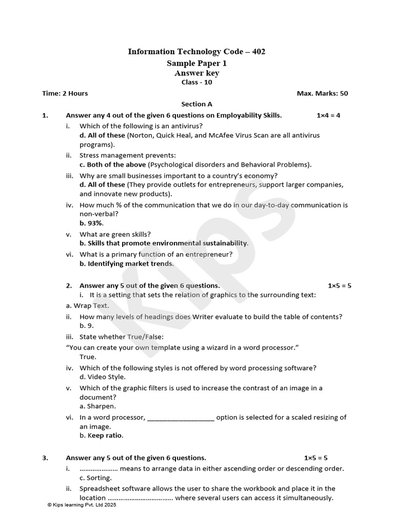 IT 402_Answer Key 10_sample Paper_1 | PDF | Databases | Spreadsheet