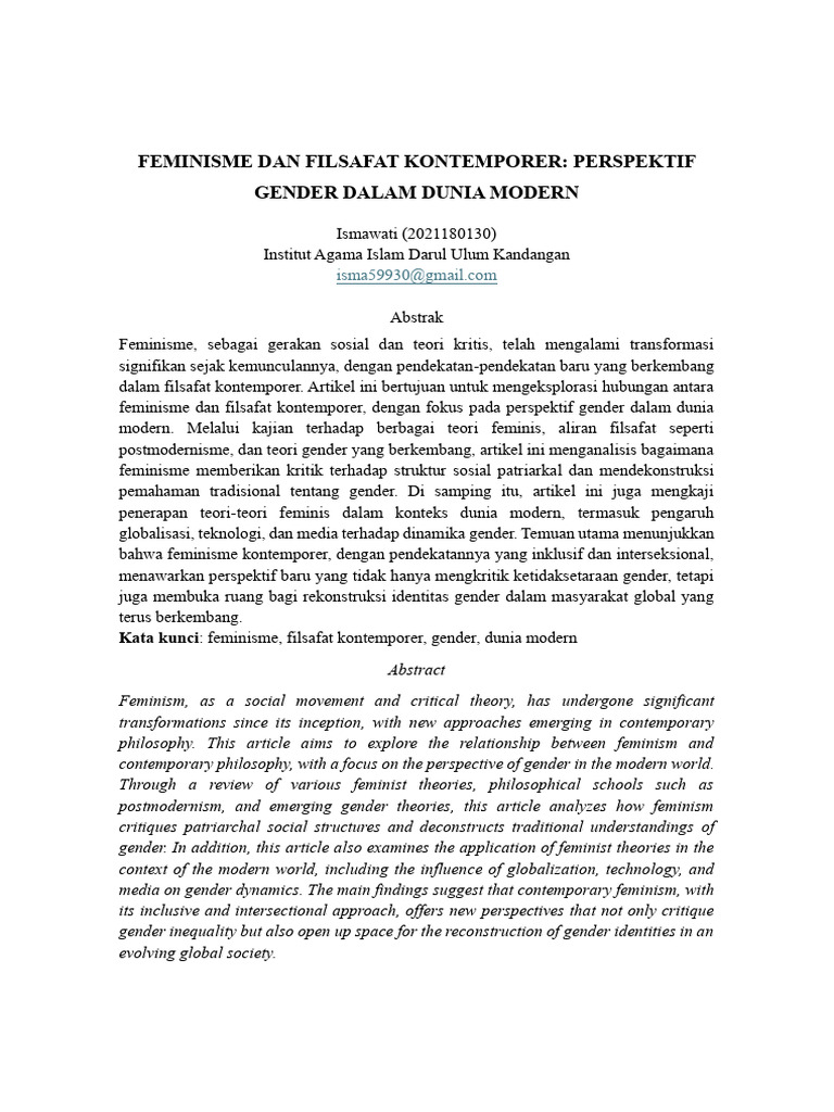 Feminisme Dan Filsafat Kontemporer: Perspektif Gender Dalam Dunia Modern | PDF