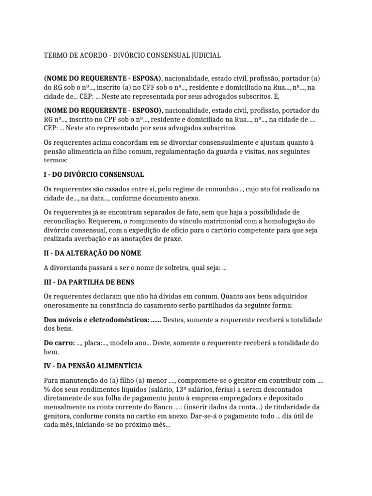 modelo-termo-de-acordo-divorcio-consensual-judicial | PDF | Divórcio