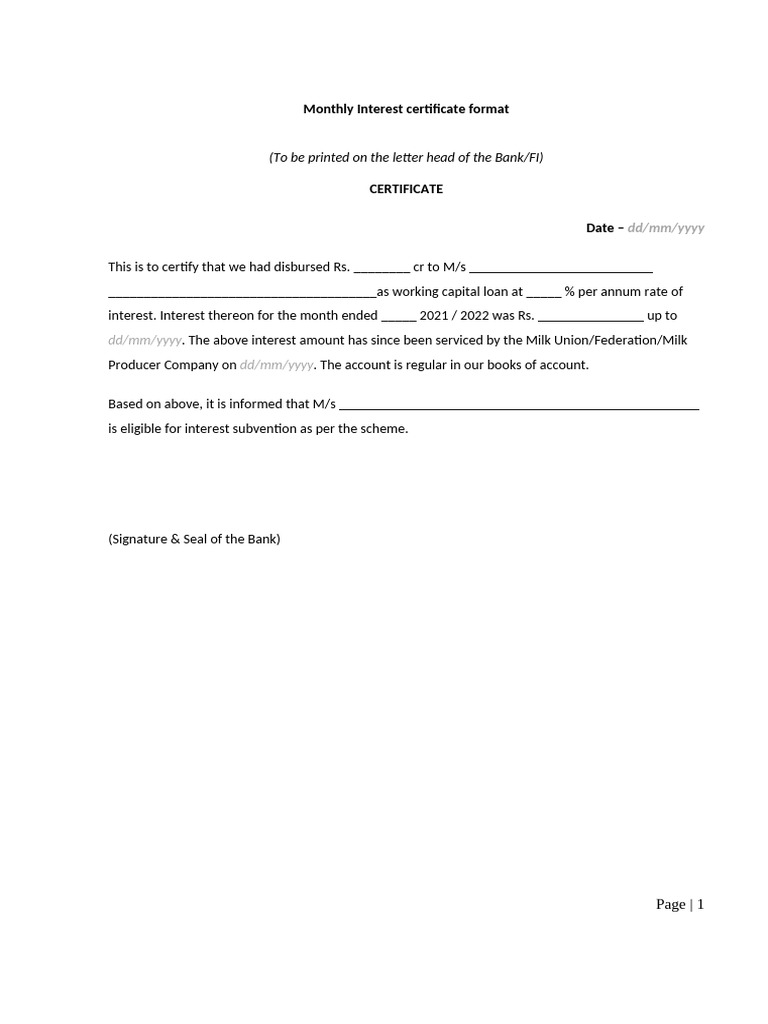 Monthly Interest Certificate Template | PDF