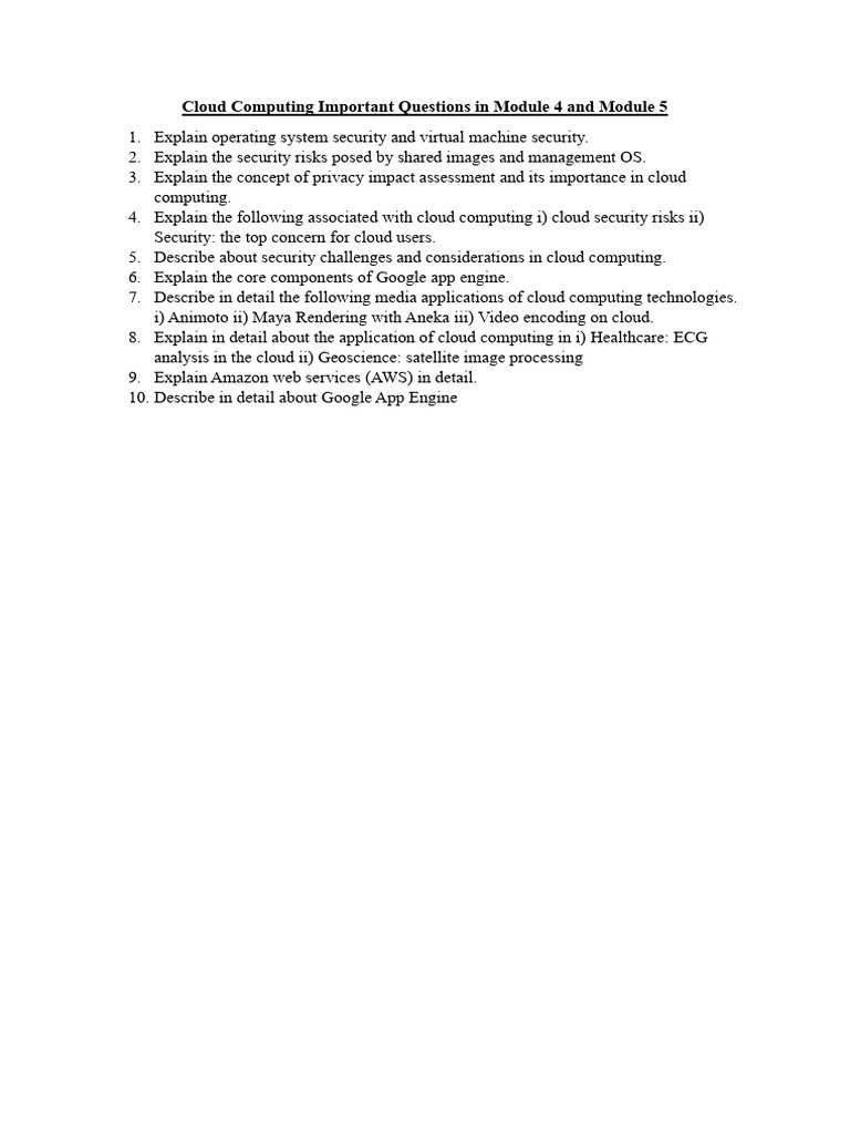 Cloud Computing Important Questions in Module 4 and Module 5 | PDF