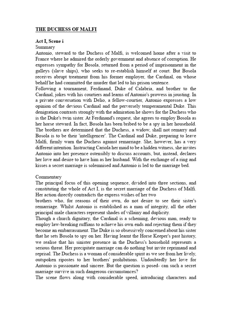 Summary and commentary -- Duchess of Malfi | PDF
