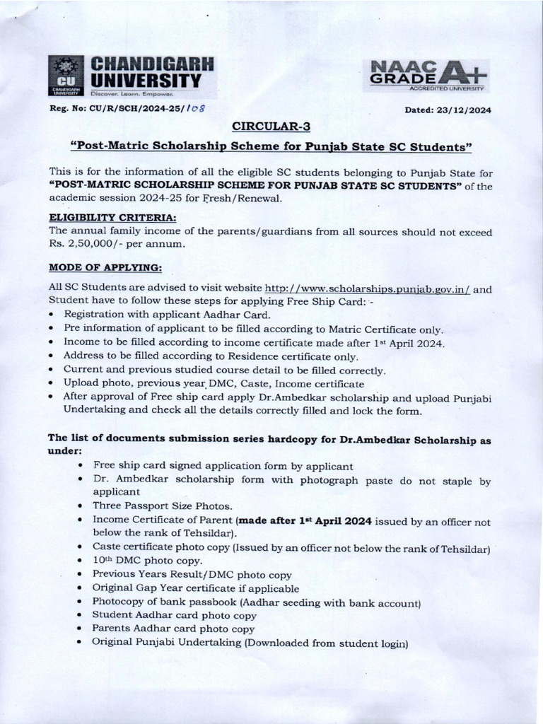 Circular 3 23 12 2024 Post Matric Scholarship Scheme For Punjab State