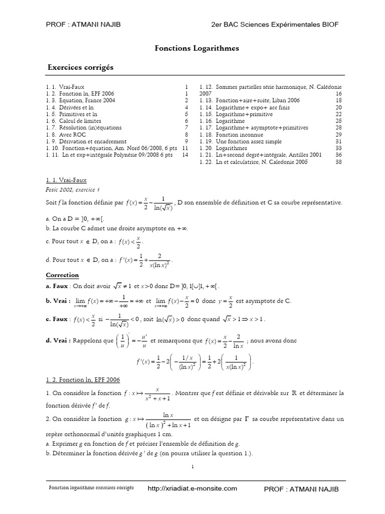 Exercices Logarithme Corriges | PDF | Fonction (Mathématiques) | Tangente (géométrie)