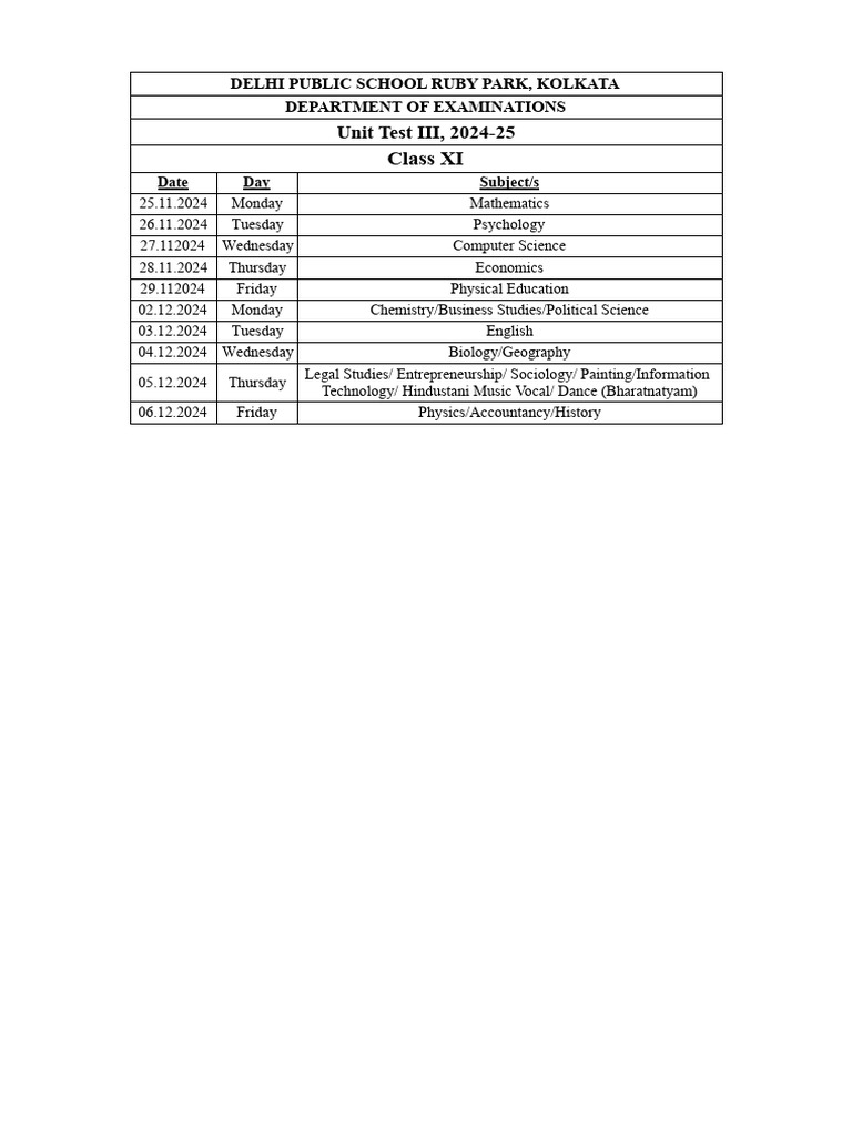 Class - XI - UT III, Date Sheet - 2024-25 | PDF