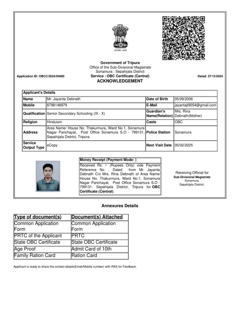 OBC Certificate Acknowledgement Tripura | PDF