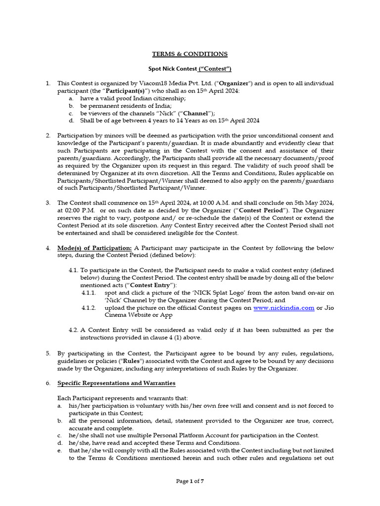 Viacom18 Nick Contest Terms & Conditions | PDF | Legal Liability ...
