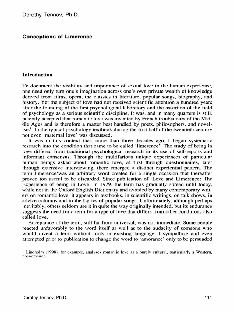 Understanding Limerence by Dorothy Tennov | PDF | Psychotherapy ...