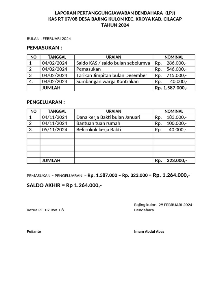 LPJ Kas RT 07/08 Desa Bajing Kulon 2024 | PDF