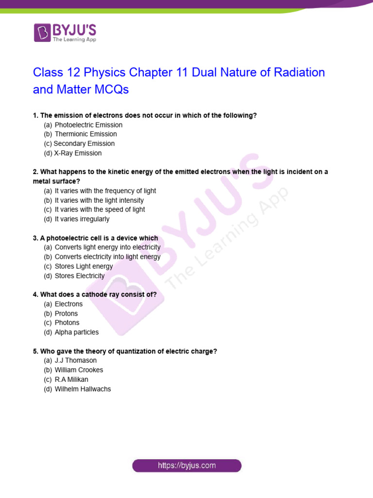 Dual Nature MCQs for Class 12 Physics | PDF