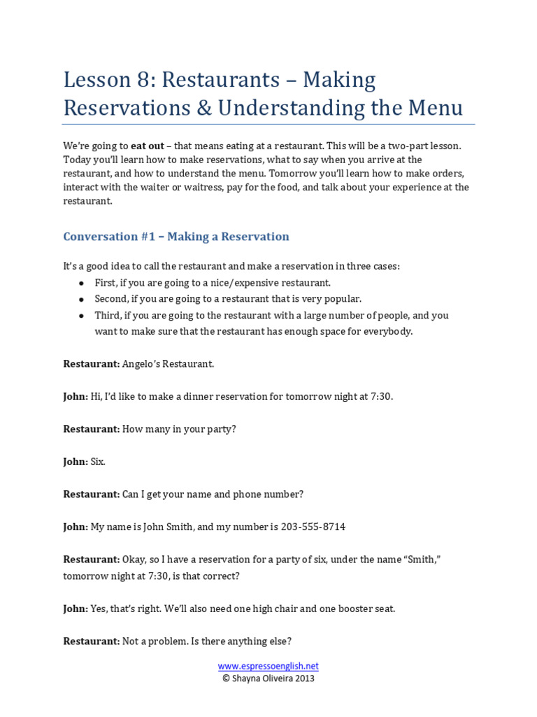 EESC-Lesson8 - Restaurants - Part | PDF | Waiting Staff | Menu