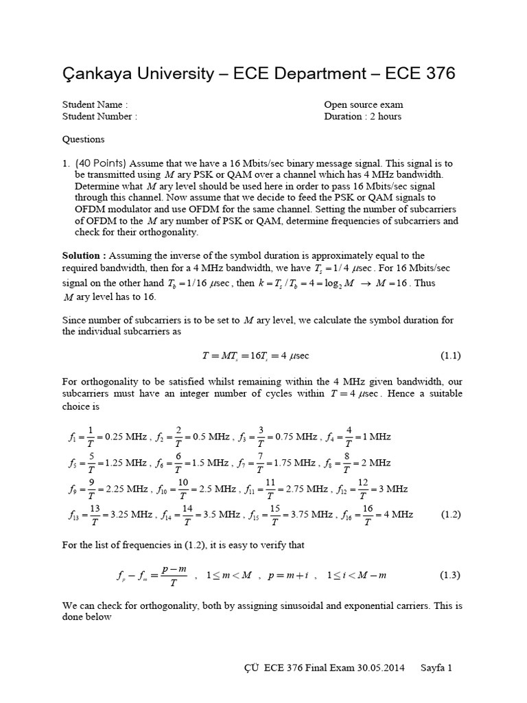 Ece 376 Fe 30 05 2014 Solutions Pdf Orthogonal Frequency