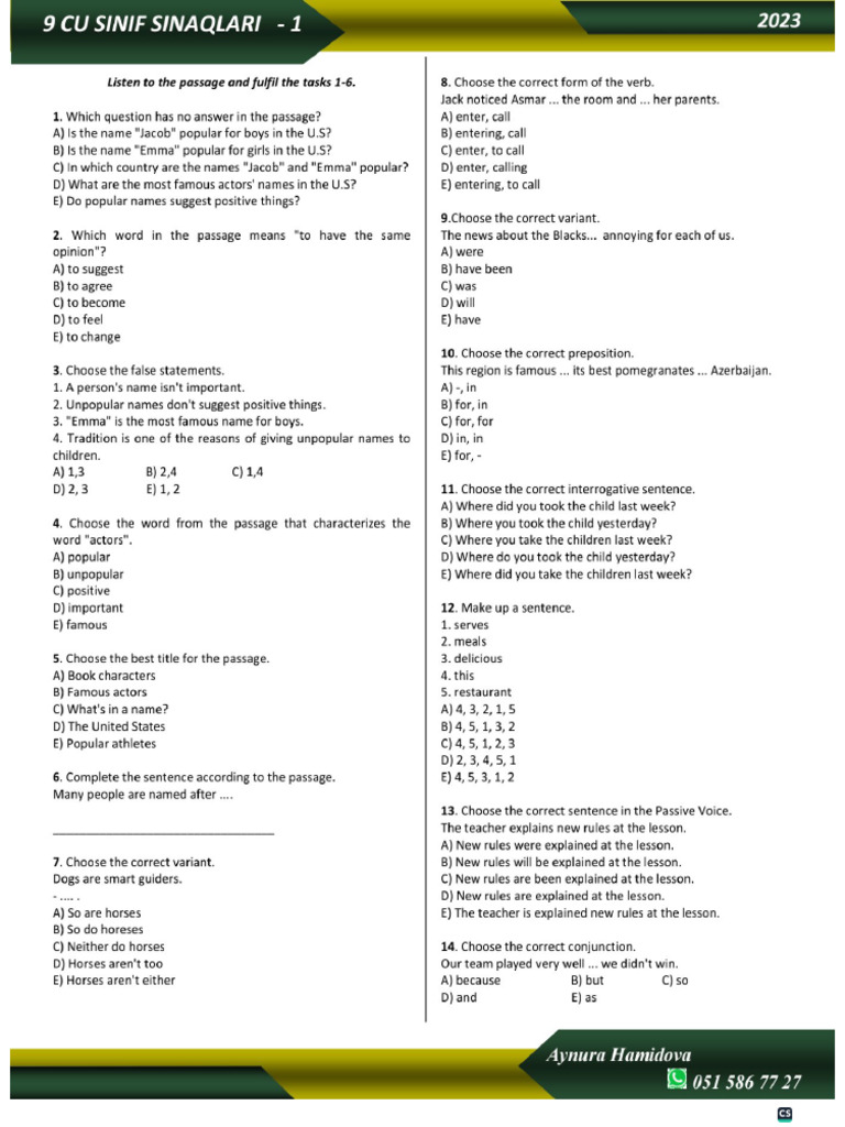 9 CU SINIF SINAQLARI - 1 2 3 4 | PDF
