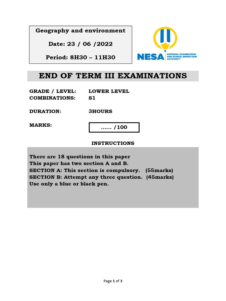 Geography S1 Exam Paper and Answers | PDF | Atmosphere Of Earth | Soil