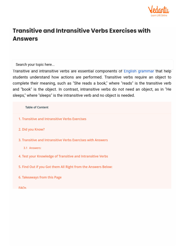 Transitive and Intransitive Verbs Exercises With Answers | PDF