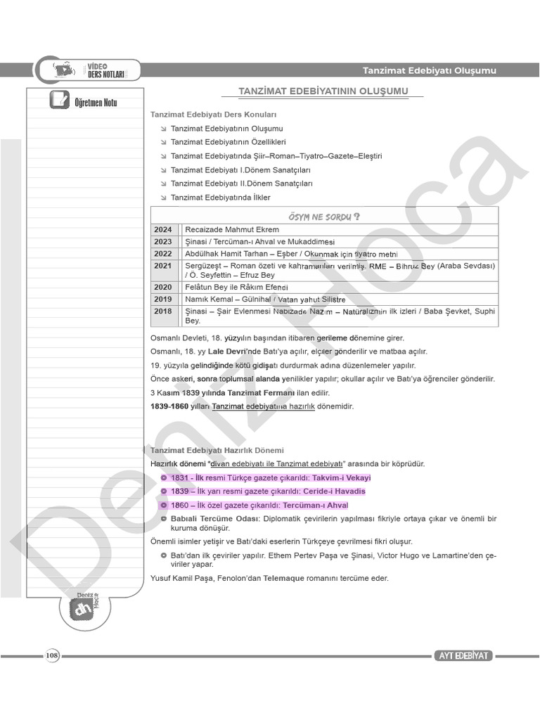 Tanzimat Dönemi Özellikleri Ve Oluşumu PDF 2025 Deniz Hoca | PDF