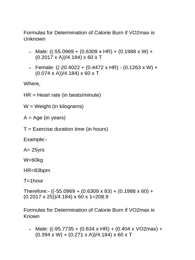 Formulas for Determination of Calorie Burn if | PDF