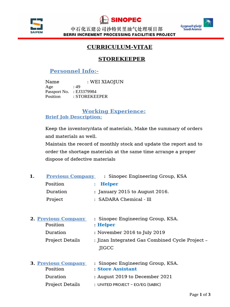 Wei Xiaojun Storekeeper CV | PDF | Inventory | Business