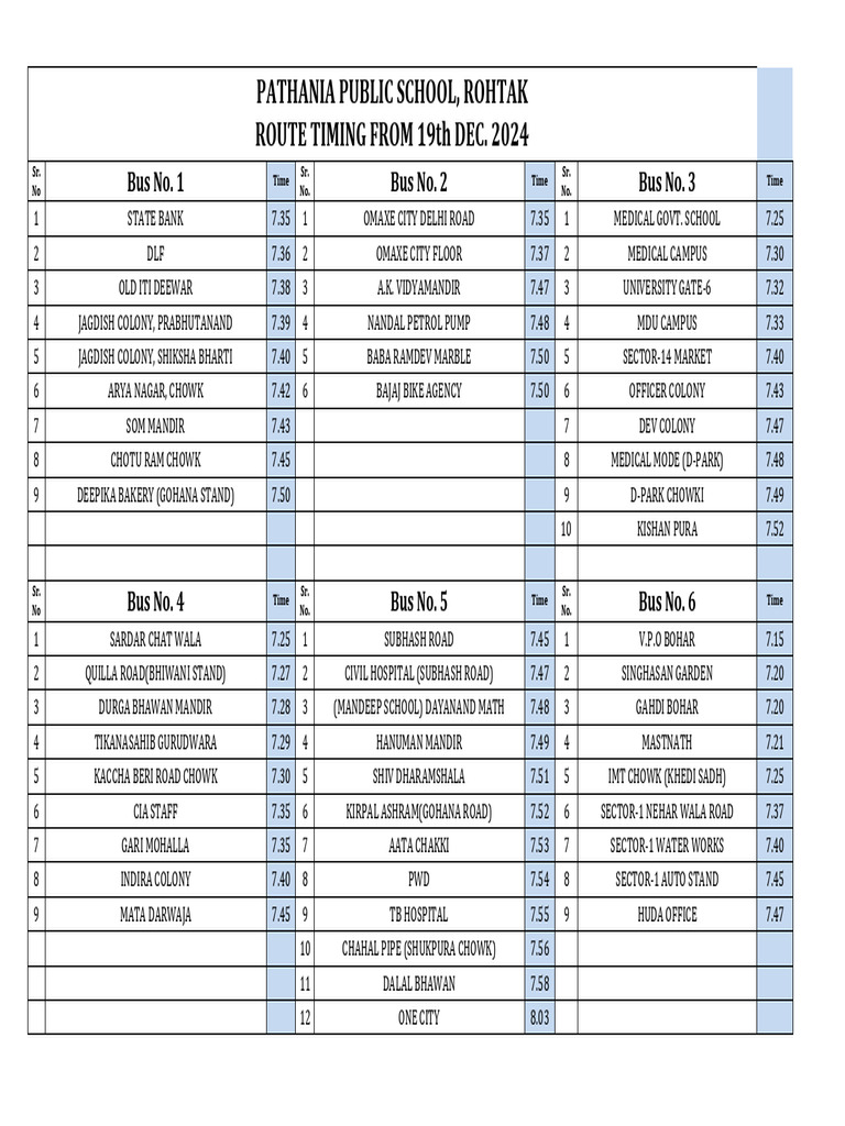 Chinyot Bhawan Bus Schedule | PDF