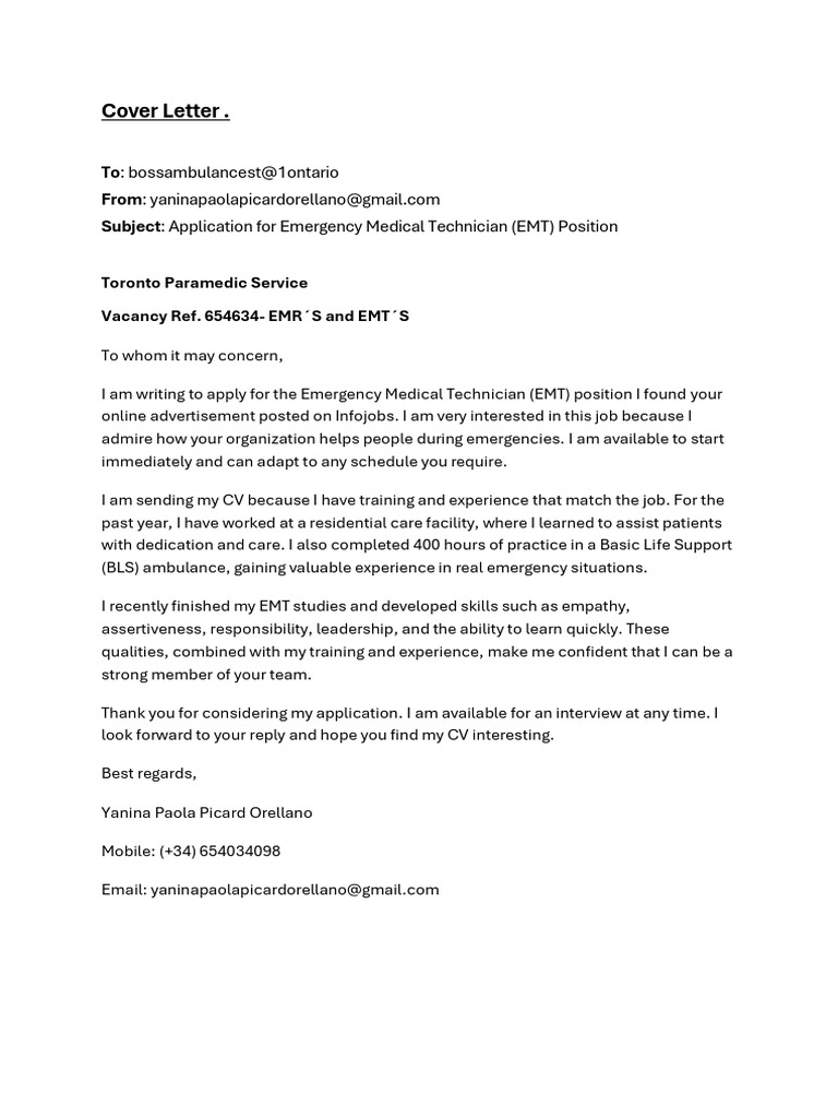 EMT Application Cover Letter | PDF