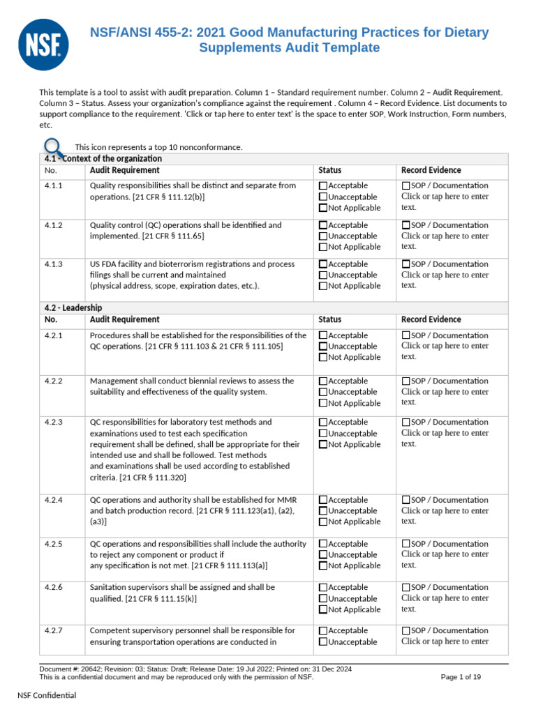 NSF Ansi 455-2 Audit Checklist | PDF | Waste | Audit