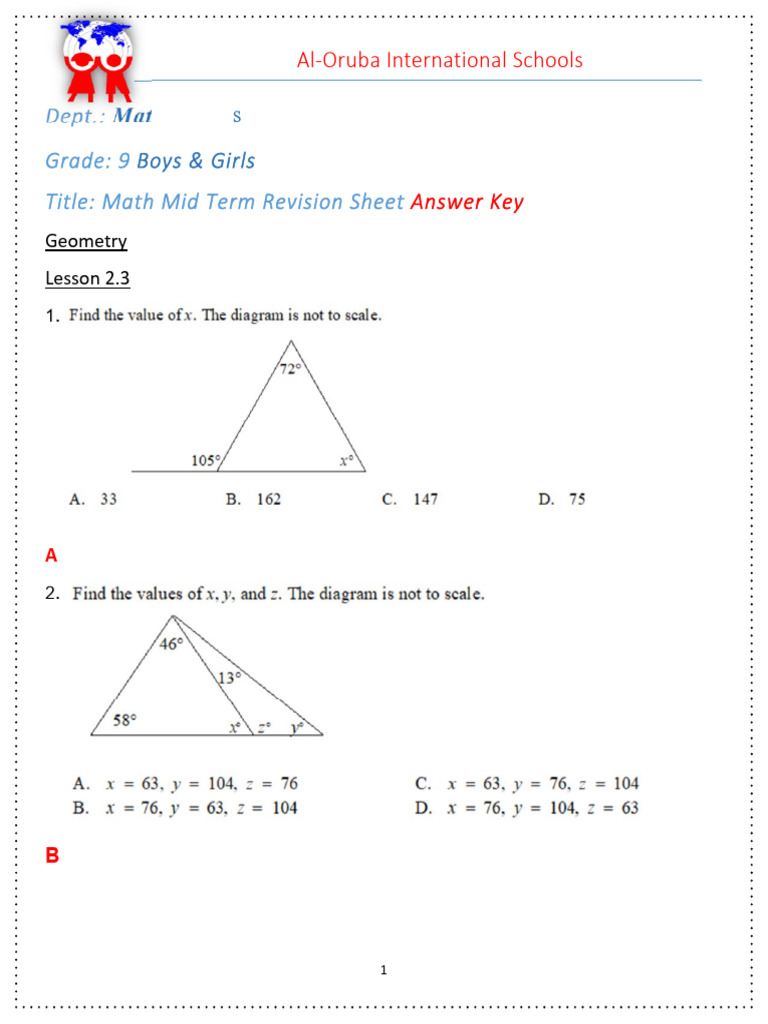 Grade 9 Math Mid Term Revision Answer Key | PDF | Geometry | Mathematics