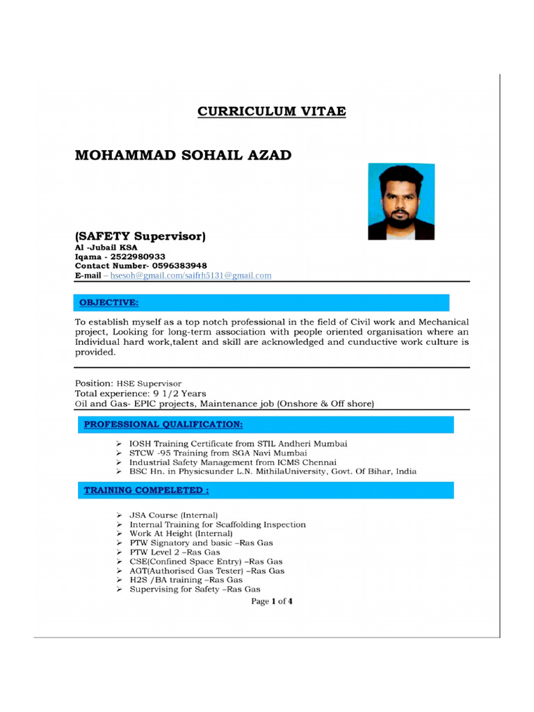 Mohammad Sohail Azad (Safety Officer) - CV-ZYCE | PDF