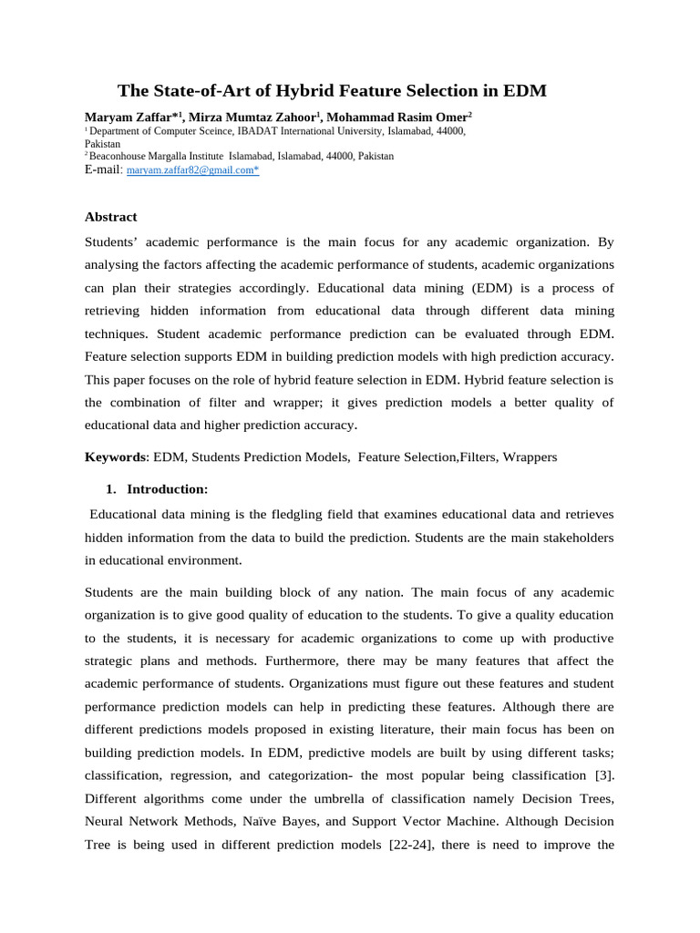 Hybrid Feature Selection Student Performance Prediction Paper | PDF | Statistical Classification ...