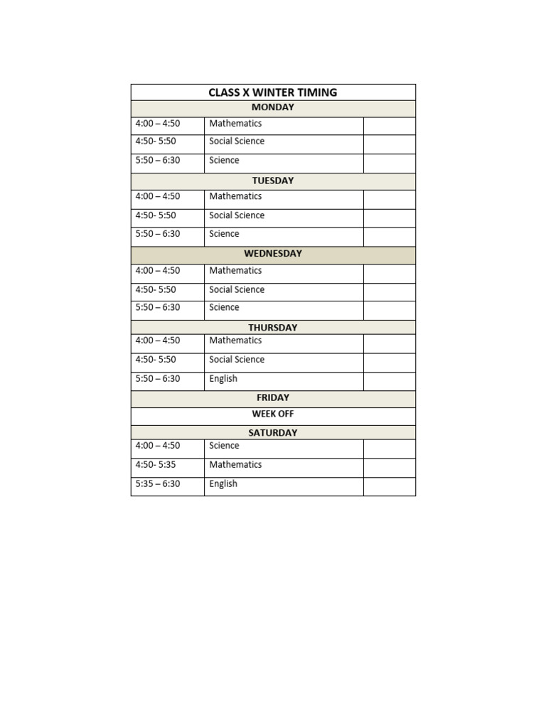 Class X Winter Schedule | PDF