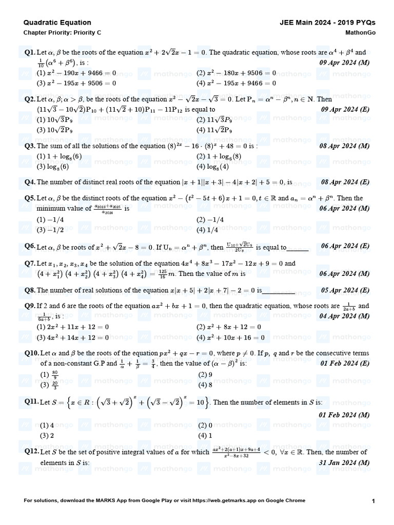01 - Quadratic Equation | PDF | Abstract Algebra | Elementary Mathematics
