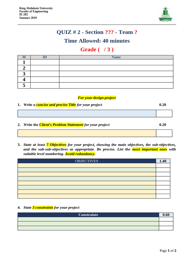 IE 202 Quiz 2 Summer 2019 | PDF