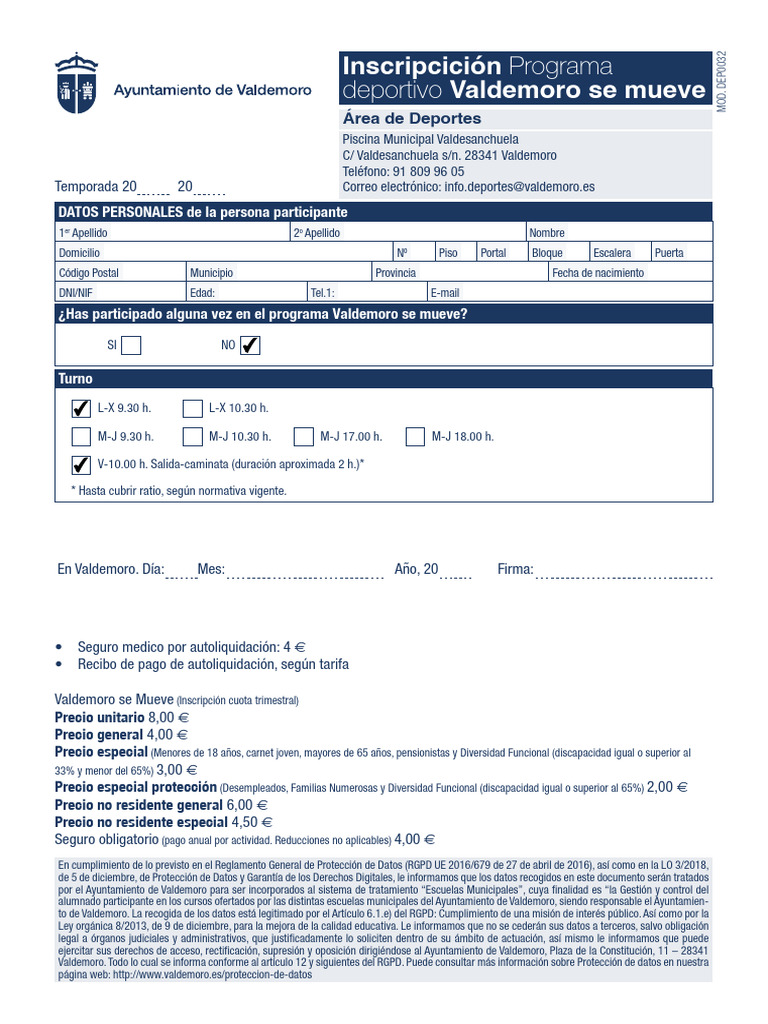 Solicitud de Inscripcion Valdemoro Se Mueve | PDF