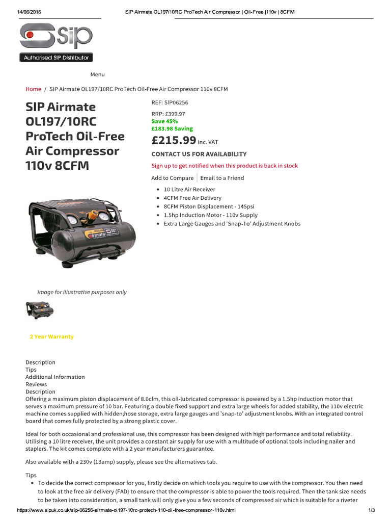 SIP Airmate - 10RC ProTech Air Compressor Oil-Free 110v 8CFM | PDF