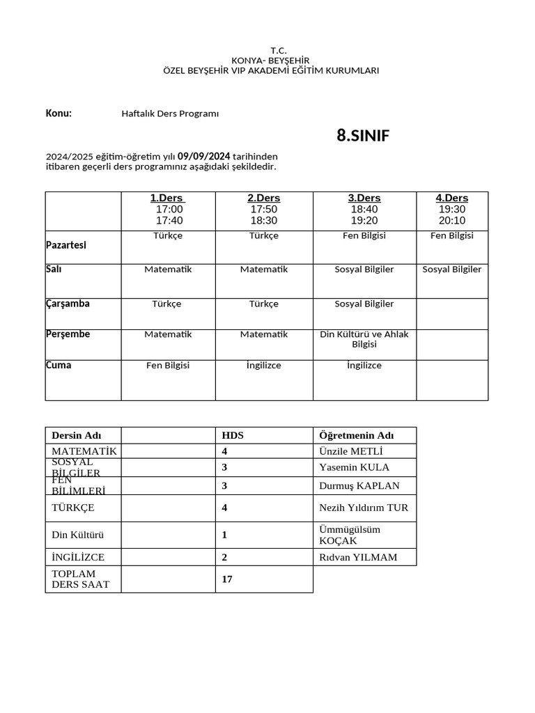 8.SINIF Ders Programı | PDF