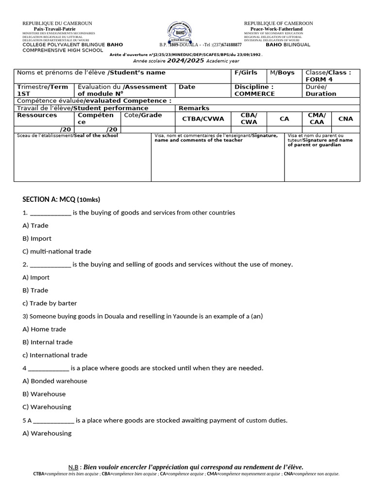 Baho Commerce Form Four First Term Examinations 2024 | PDF | Economies ...