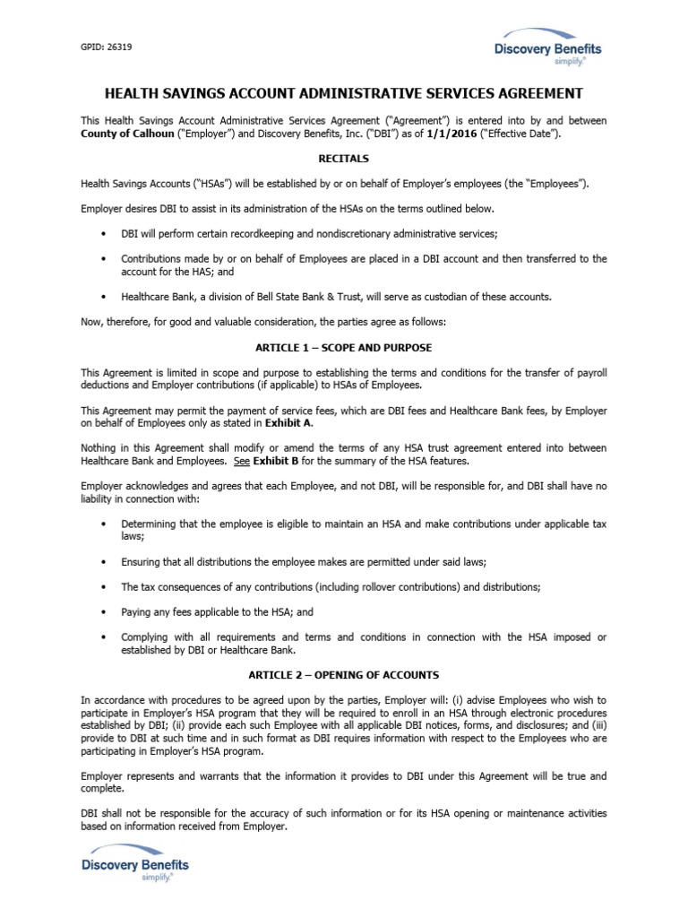 DBI HSA Administrative Services Agreement | PDF | Health Savings ...