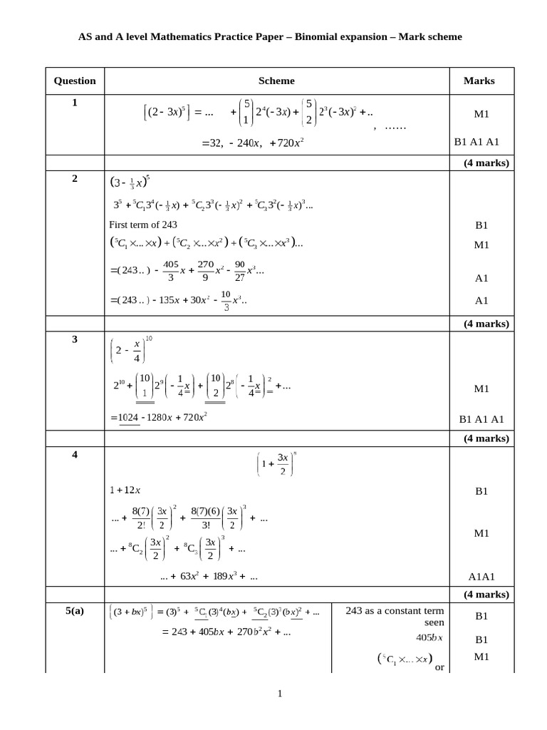 AS Mathematics _ Practice Paper _ Binomial expansion MS | PDF | Mathematics | Mathematical Objects
