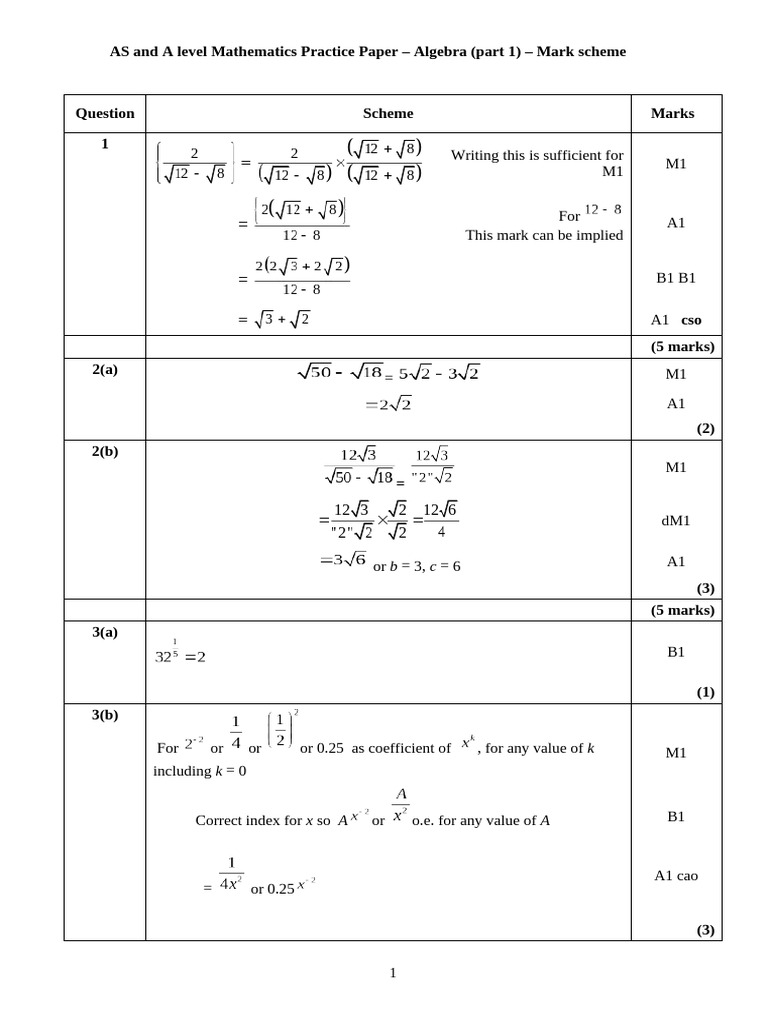 AS Mathematics - Practice Paper - Algebra (Part 1) MS | PDF | Factorization | Abstract Algebra